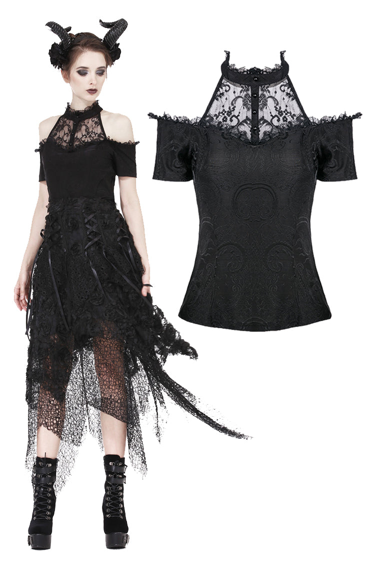 Gothic off-the-shoulder patterned T-shirt with lace and button row on ...